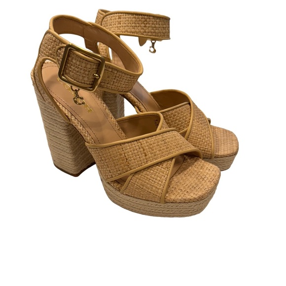 Coach | Shoes | Coach Nelly Rafia Woven Sandals High Heel Ankle Strap ...